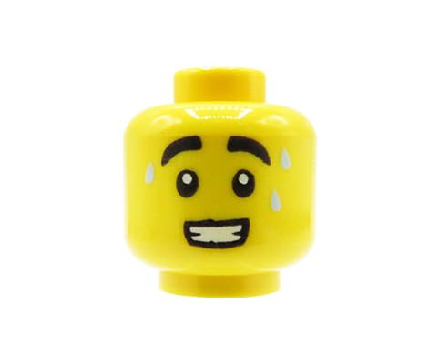 LEGO minifigure head - man, smile, sweat drops - Extra Extra Bricks
